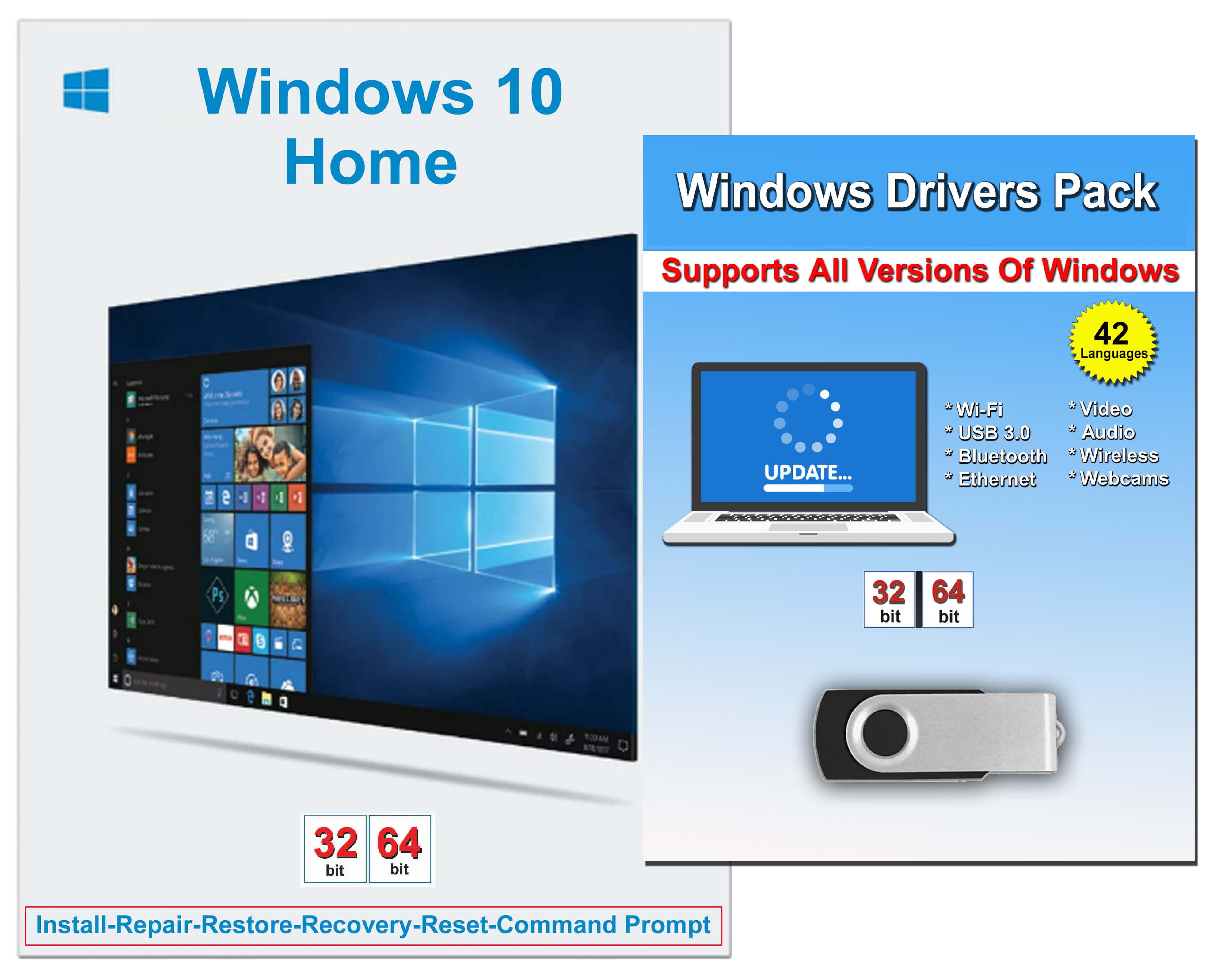Computer Werx Windows 10 Home 32/64 Bit USB with Key Install Repair Recover Restore USB ...