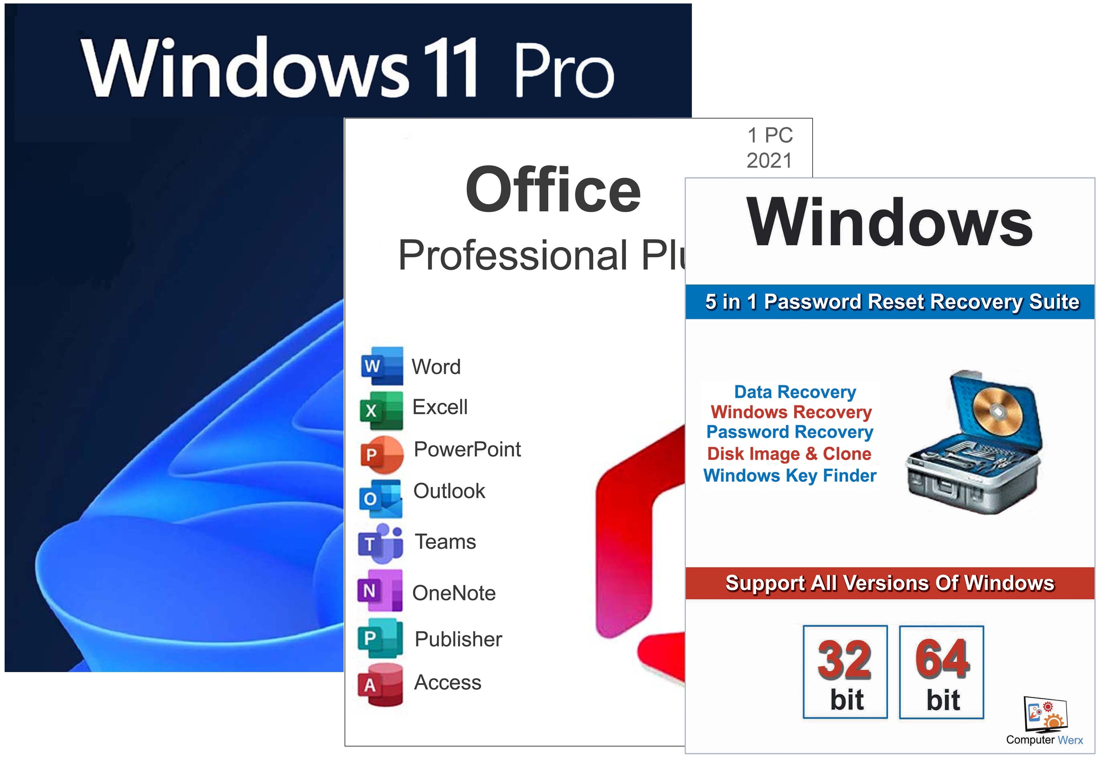 Computer Werx, Windows 11 Pro OEM DVD 64 Bit, Office 2021 Pro Plus, 5-in-1 Recovery Suite ...
