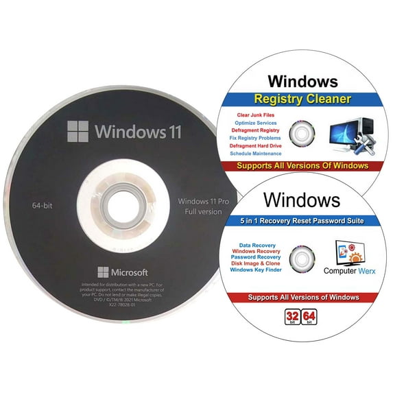 Computer Werx Windows 11 OEM 64 Bit DVD, Registry Cleaner, Recovery ...