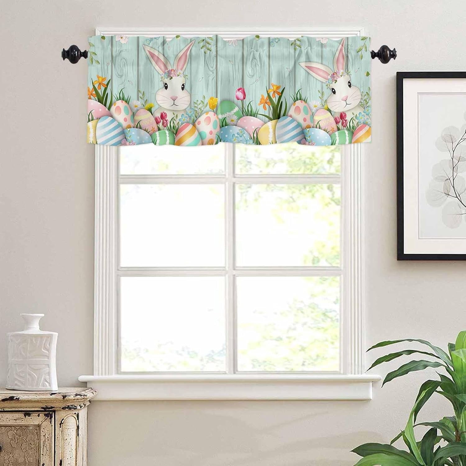 Windows Valance, Easter Eggs Bunny Spring Flowers Leaves Teal Wood ...