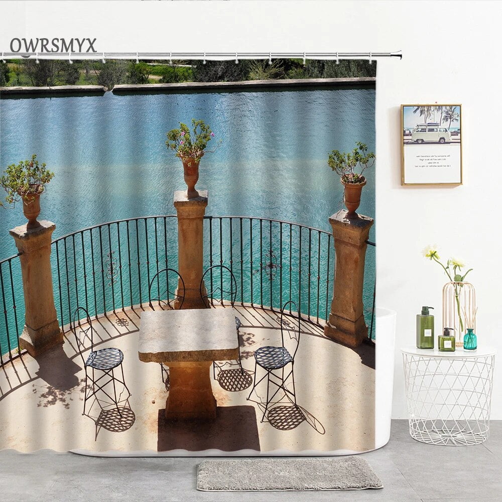 Windowsill Balcony Ocean Scenery Shower Curtains Home Bathroom ...