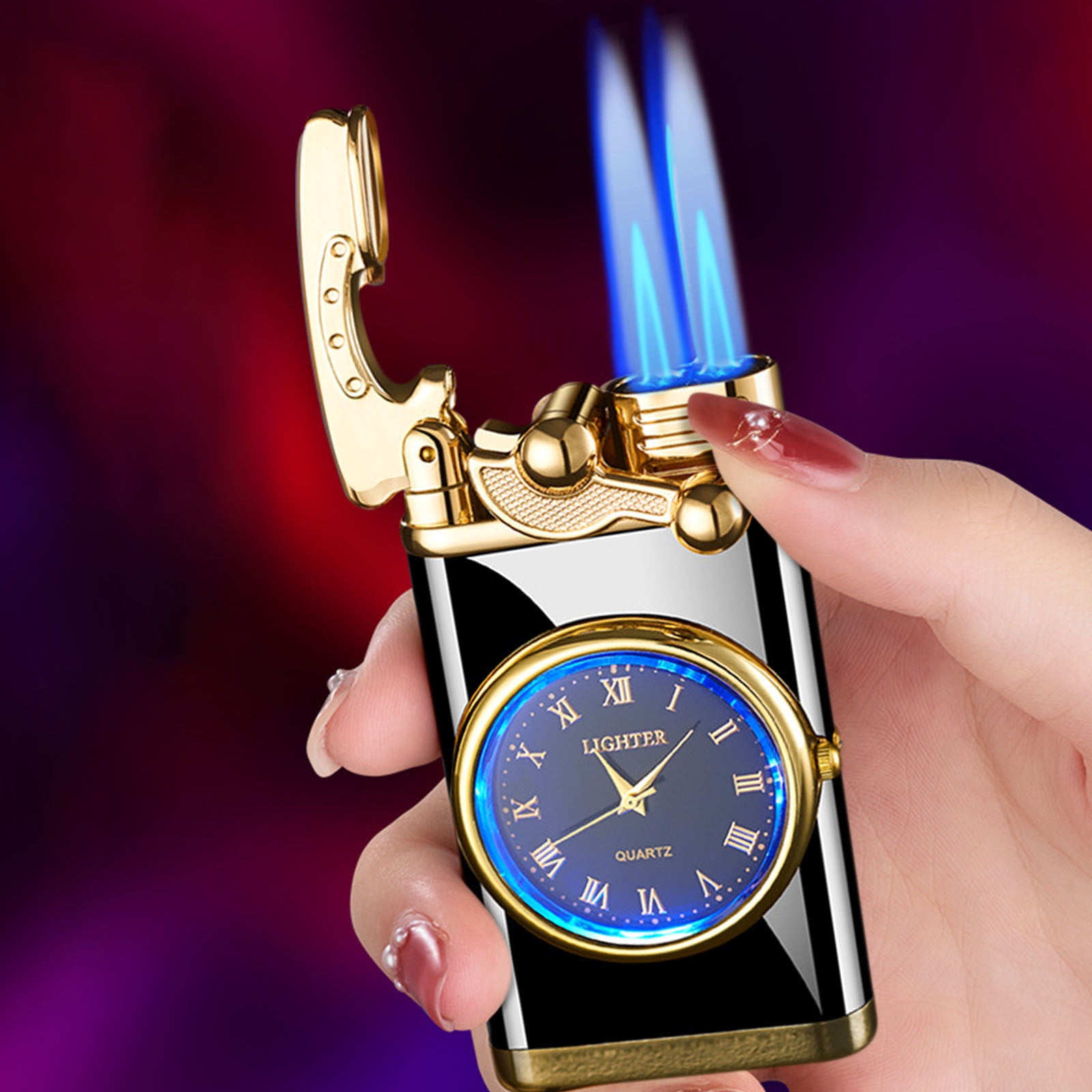 Windproof Double Fire Butane Lighter With Integrated Quartz Watch ...