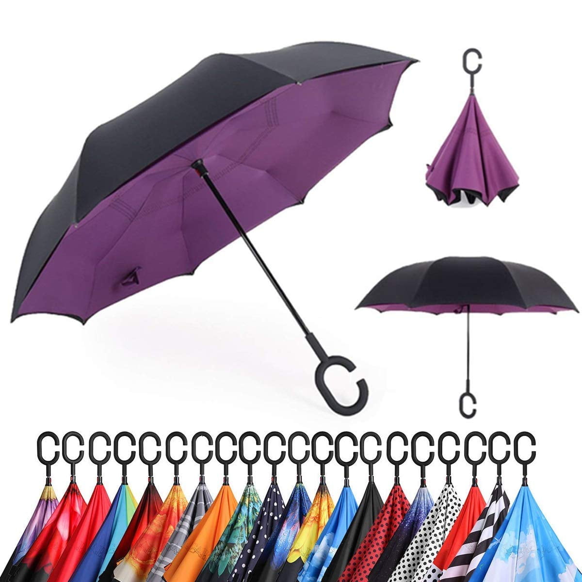Foldable Windproof Double Layer Inverted Umbrella, Self-Standing Rain ...