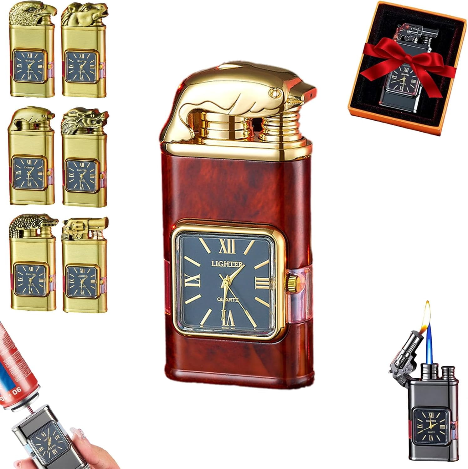 Windproof Dual-Flame Vintage Watch Lighter, 2025 New Luxurious Bronze ...