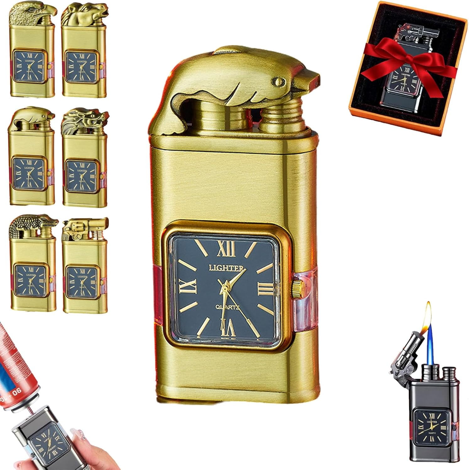 Windproof Dual-Flame Vintage Watch Lighter, 2025 New Luxurious Bronze ...