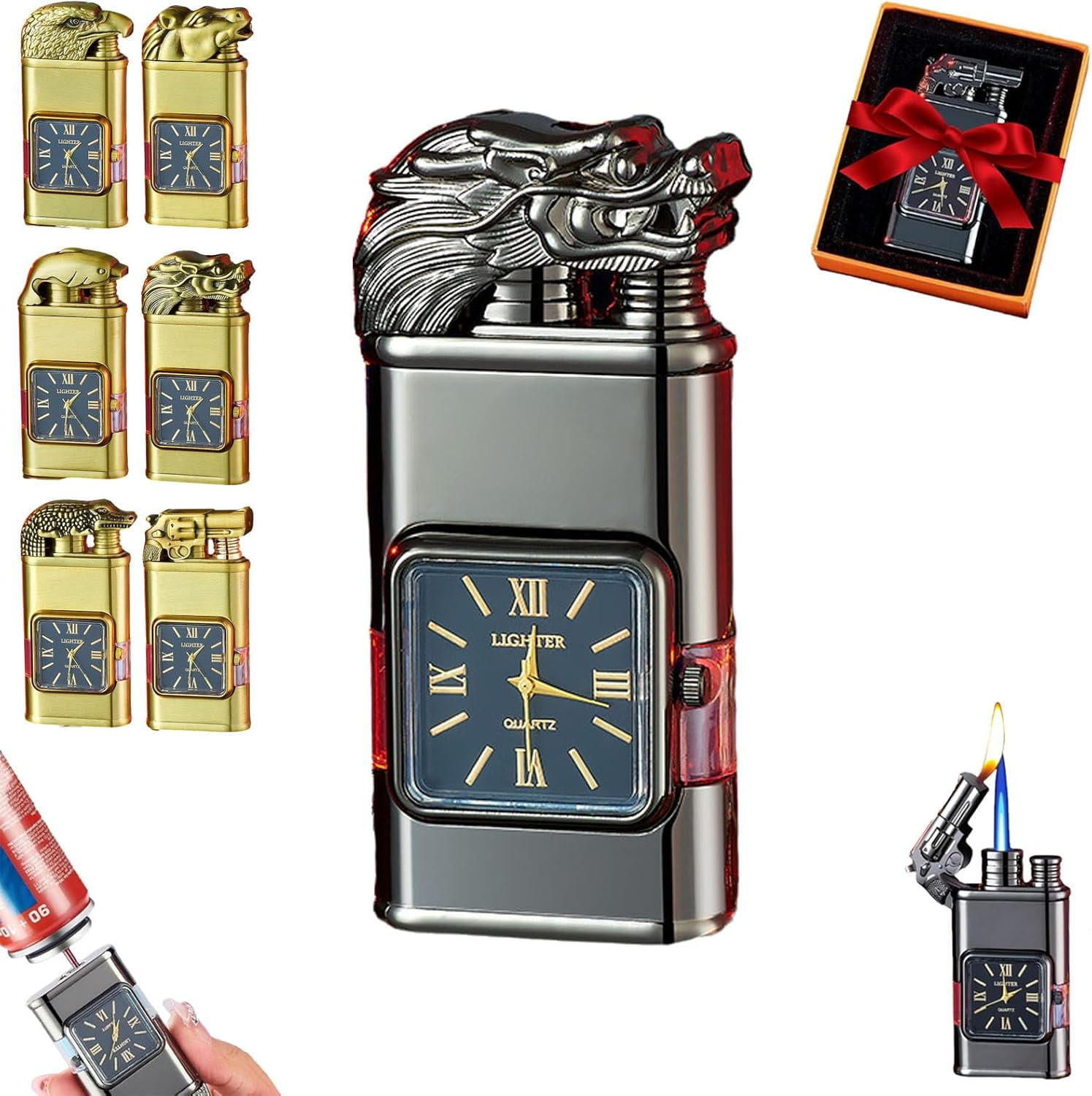 Windproof Dual-Flame Vintage Watch Lighter, 2025 New Luxurious Bronze ...