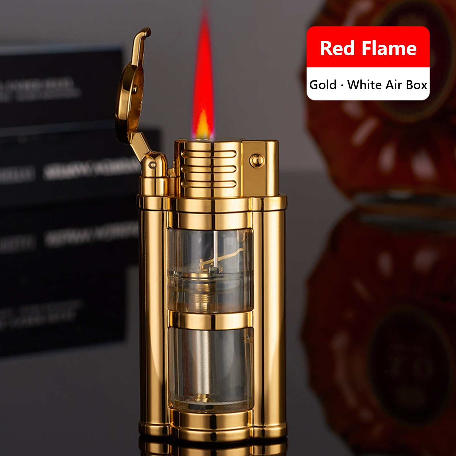 Windproof Lighter Rocker Arm Transparent Air Window Lighter Red Flame ...