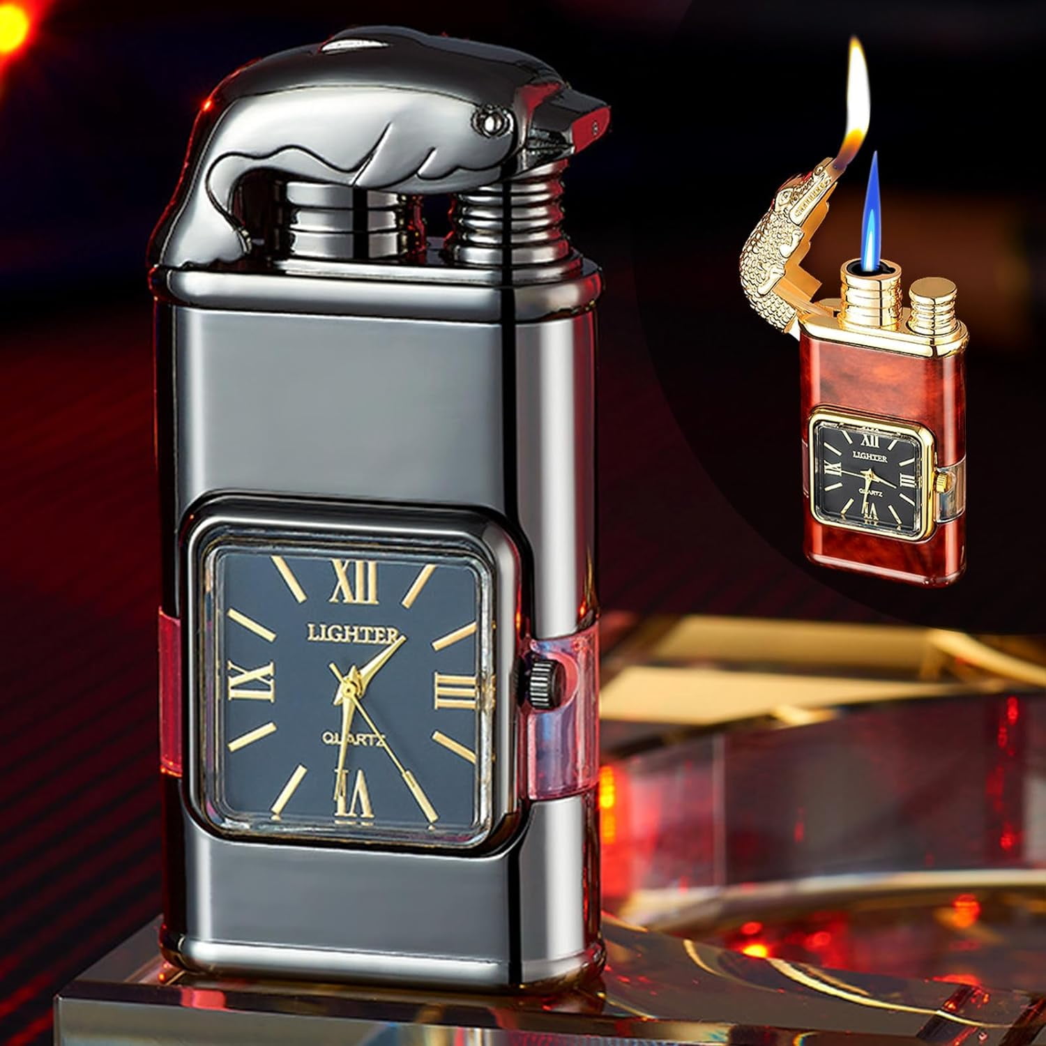Windproof Lighter Vintage Watch Bezel Jet Flame Torch, Men's Cool Dual ...