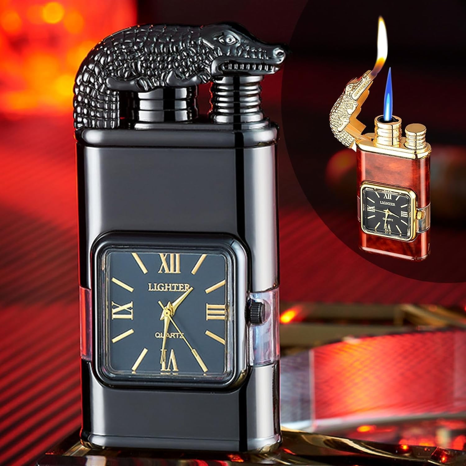 Windproof Lighter Vintage Watch Bezel Jet Flame Torch, Men's Cool Dual ...