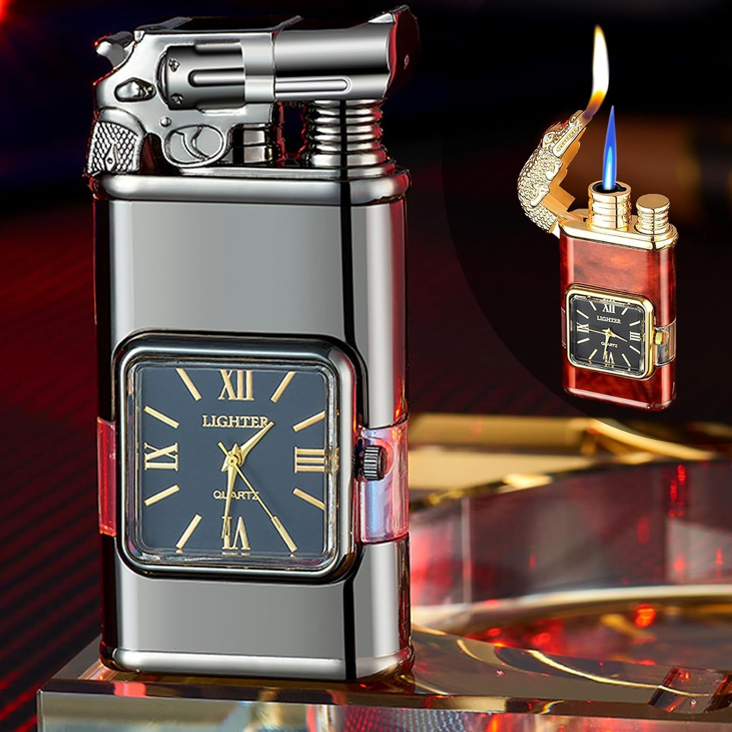 Windproof Lighter Vintage Watch Bezel Jet Flame Torch, Men's Cool Dual ...