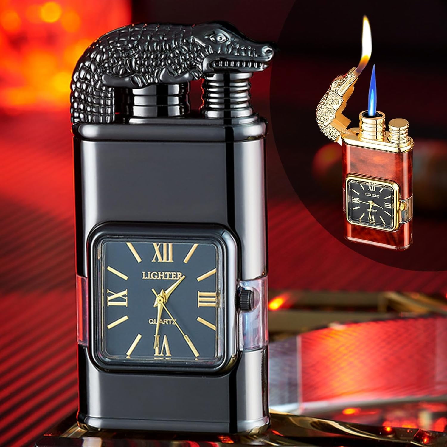 Windproof Lighter Vintage Watch Bezel Jet Flame Torch, Men's Cool Dual ...