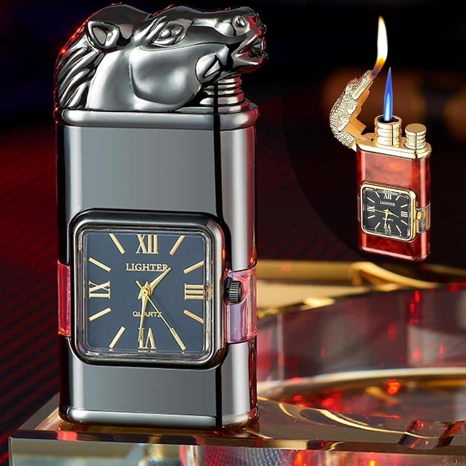 "InTrans Windproof Vintage Quartz Watch Lighter, Dual Flame Refillable ...