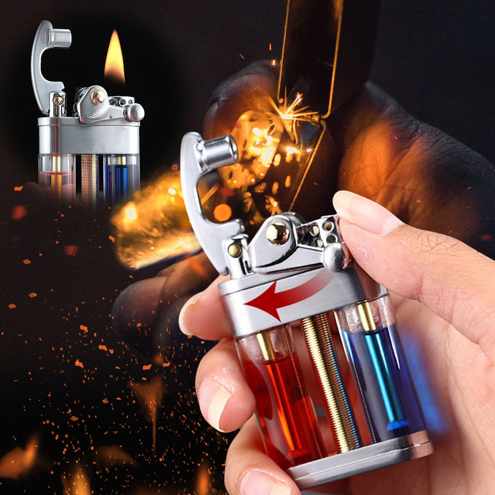 Windproof Refillable Kerosene Lighter - Transparent Fuel Tank, Rocking ...