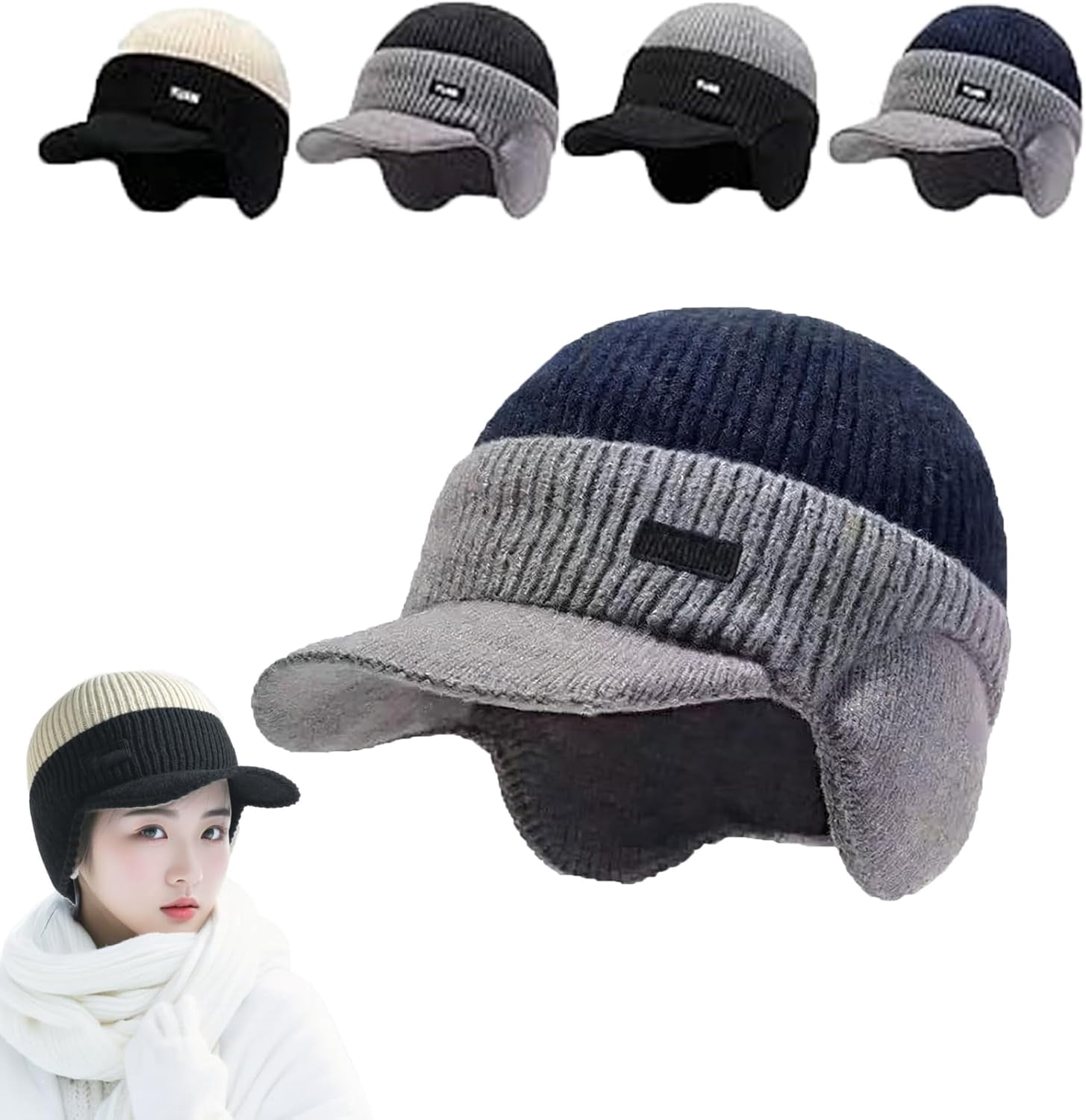 Windproof Thermal Cap with Visor, Winter Knitted Earflap Hat with Brim ...