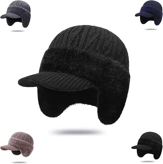 Windproof Thermal Cap with Visor, 2026 Winter Knitted Earflap Hat ...