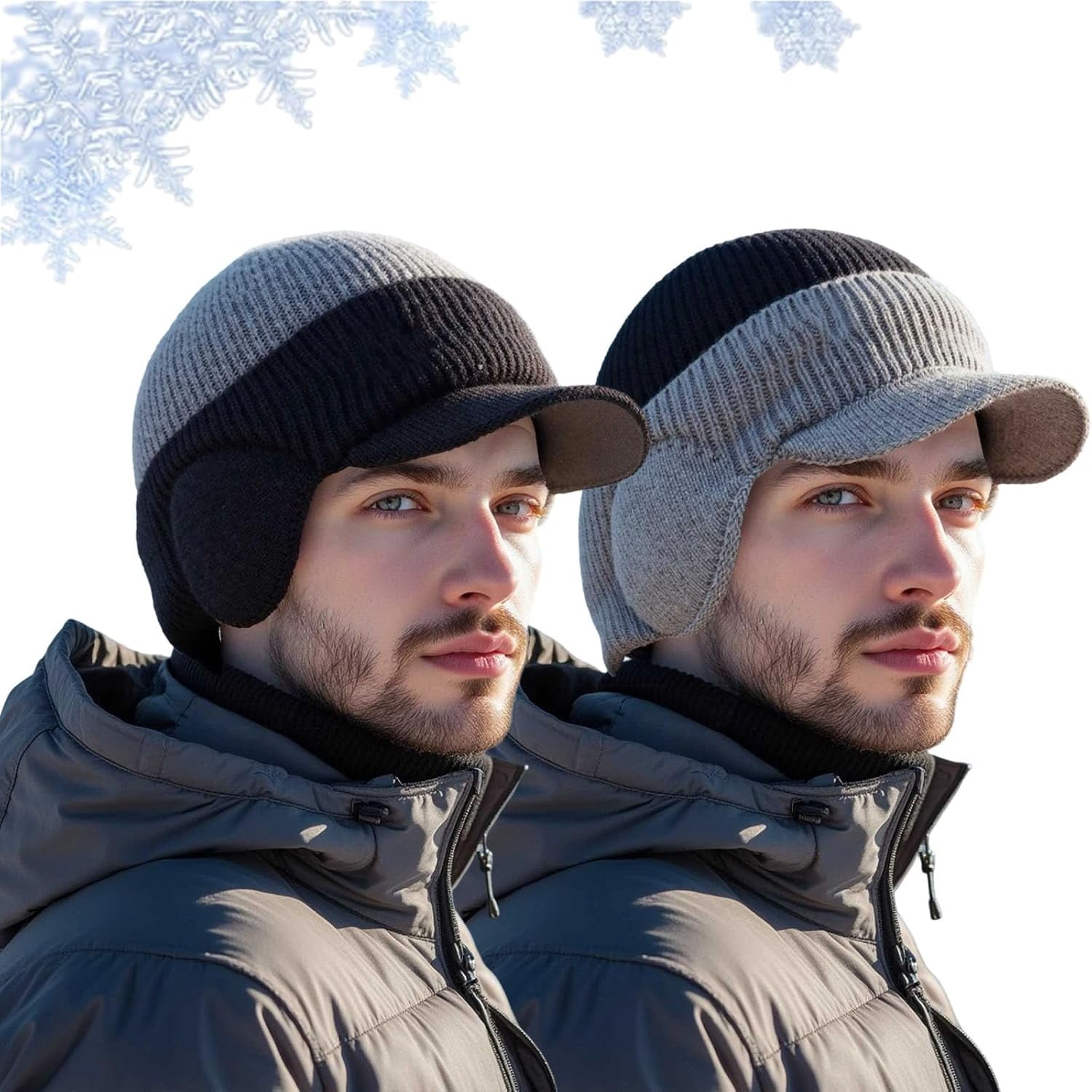 Windproof Thermal Cap with Visor, Winter Fleece Lined Knitted Earflap ...