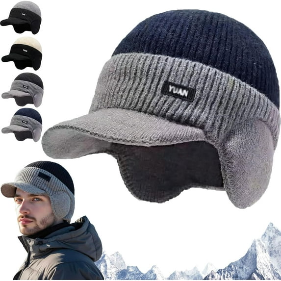Windproof Thermal Cap with Visor, Winter Knitted Earflap Hat - Ultimate ...