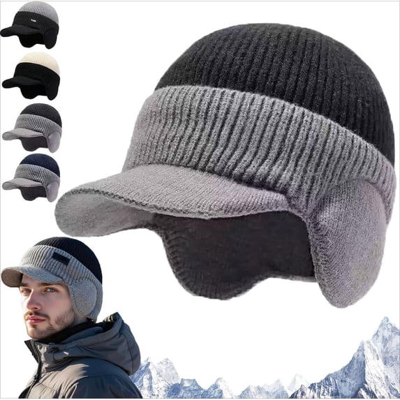 Windproof Thermal Cap with Visor, Winter Knitted Earflap Hat - Ultimate ...