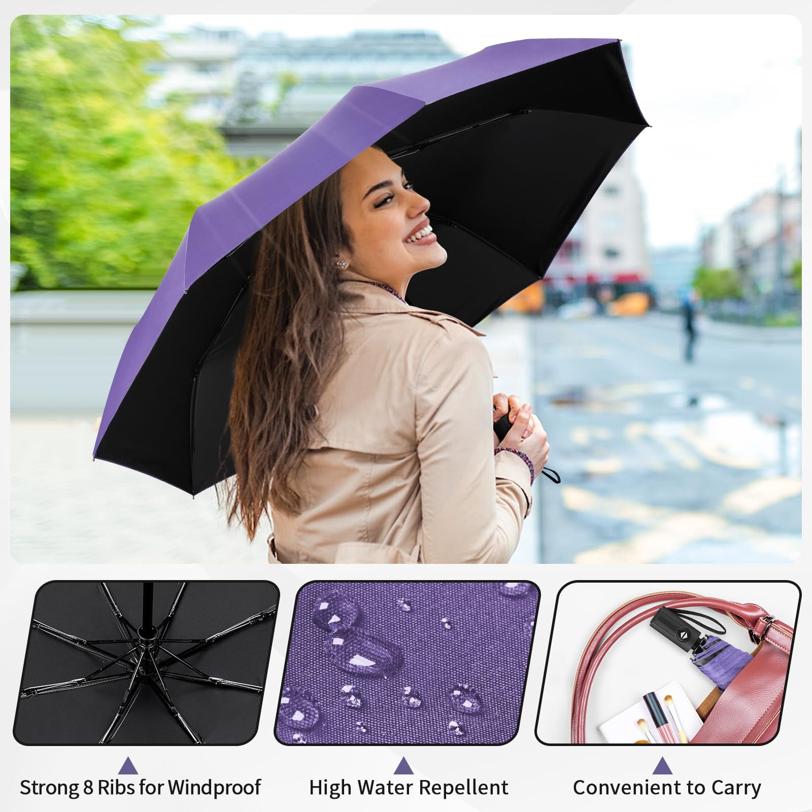 Windproof Travel Umbrella Automatic Compact Folding Umbrella with UV ...