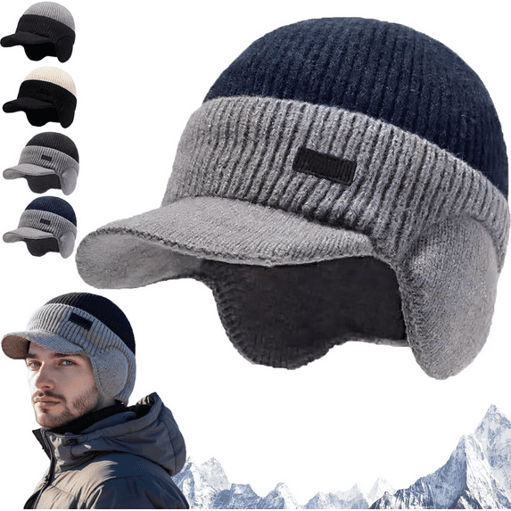 Windproof and warm hat with a brim, winter knitted earflap hat ...