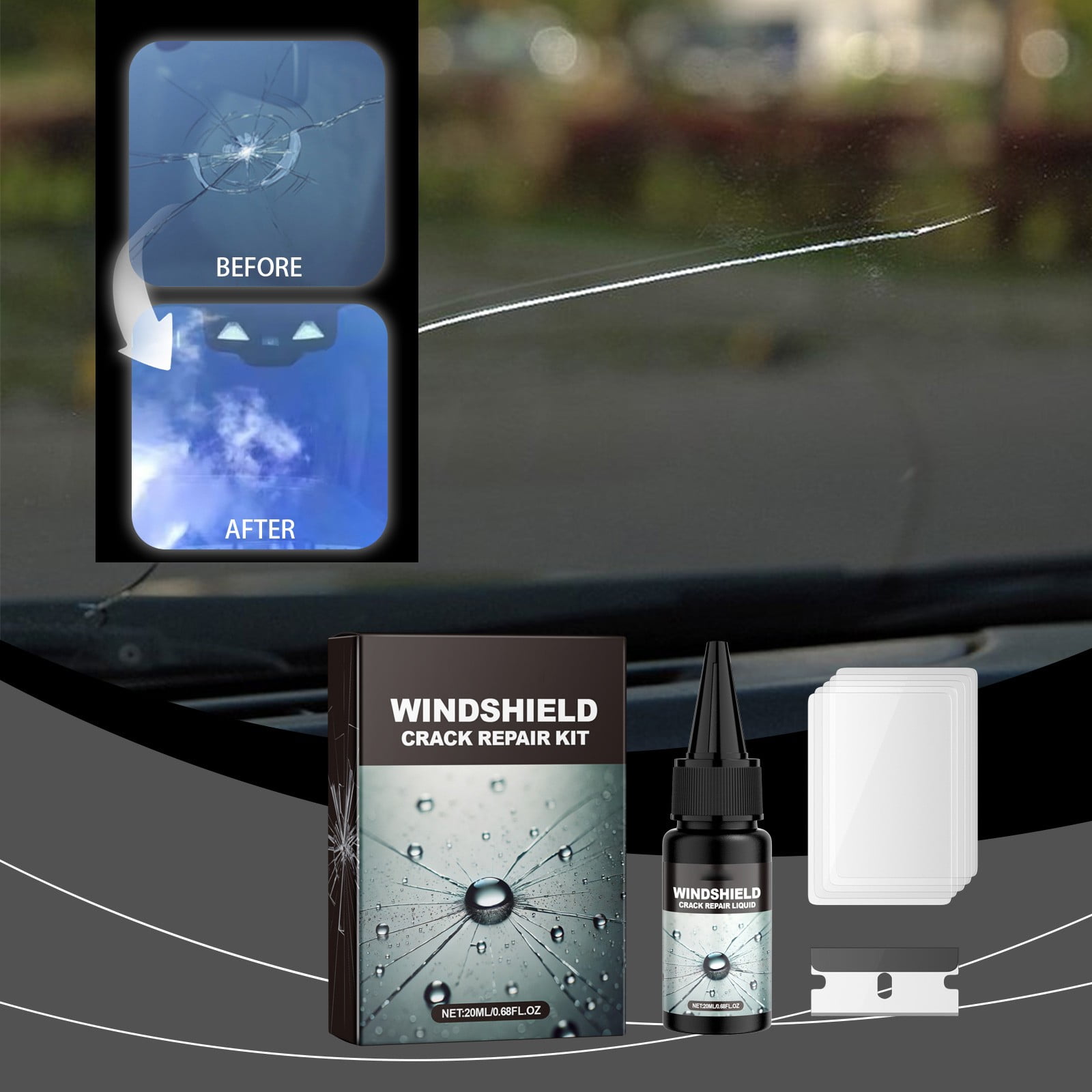 Windshield Glass Crack Repair Kit (Resin Chip Fix Tool, Auto Window Kit ...