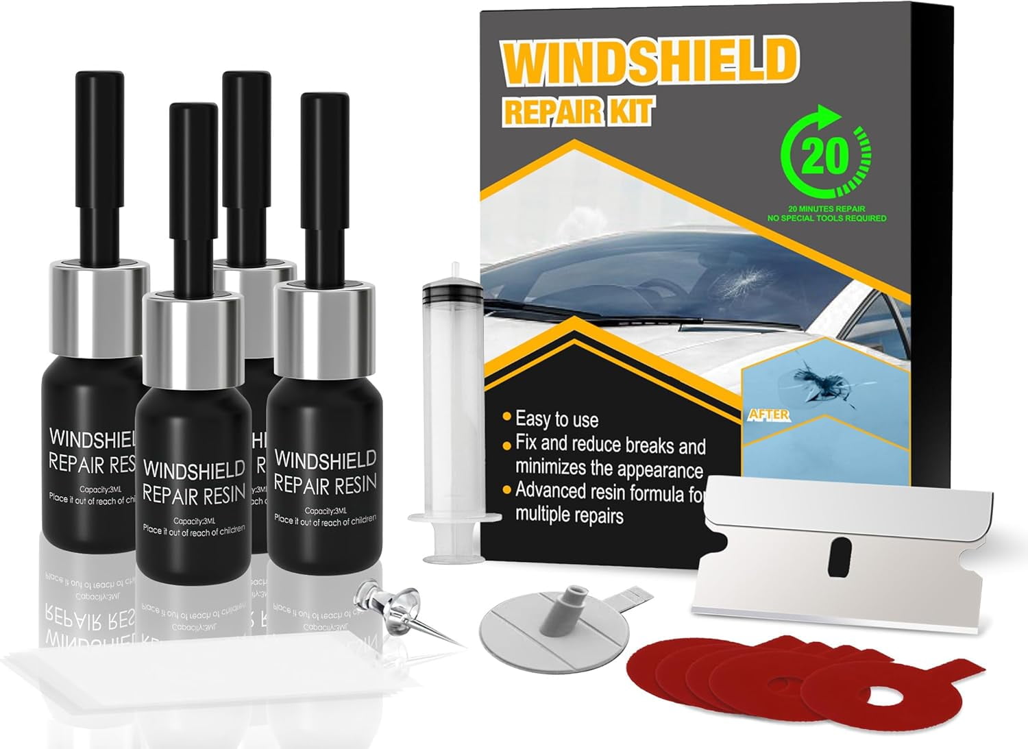 Windshield Repair Kit for and Cracks- 4 Glass Repair Kit with Injection ...