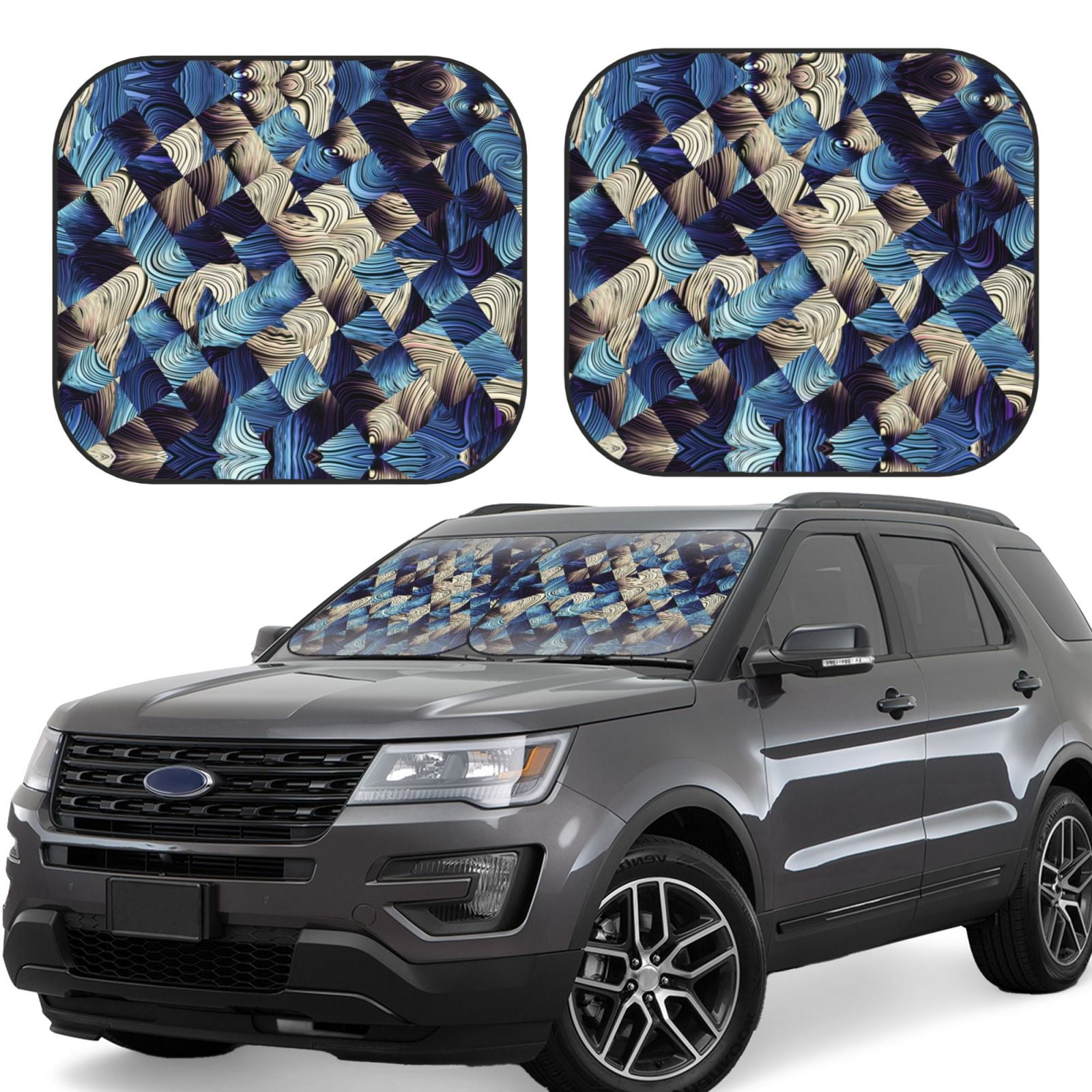 Windshield Sun Shade Abstract Blue Squares 2 Pieces Car Front Sun Shade ...
