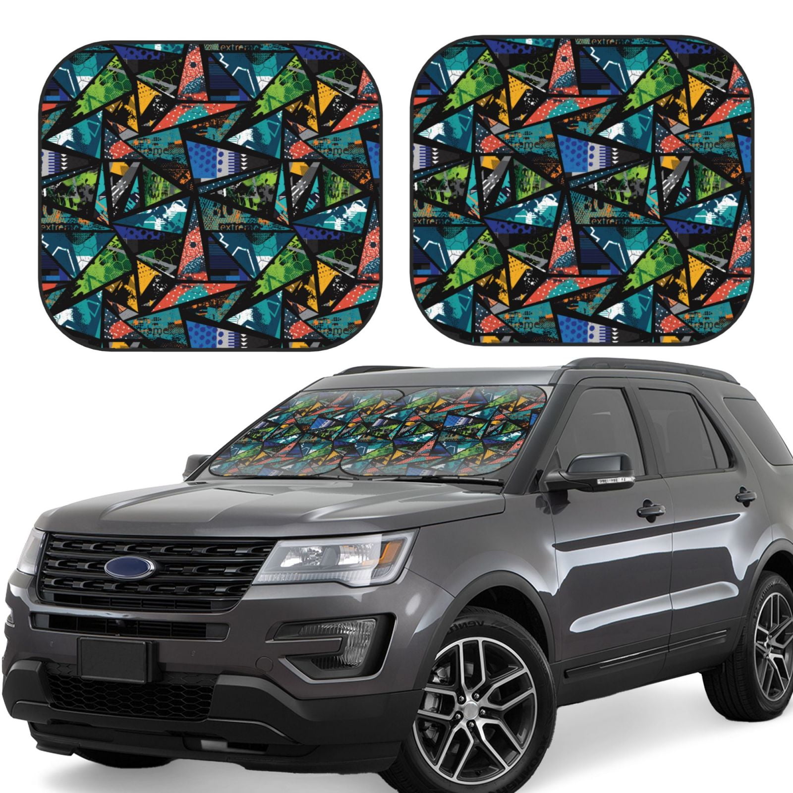 Windshield Sun Shade, Abstract Geometric Collage Graphics 2-Piece ...
