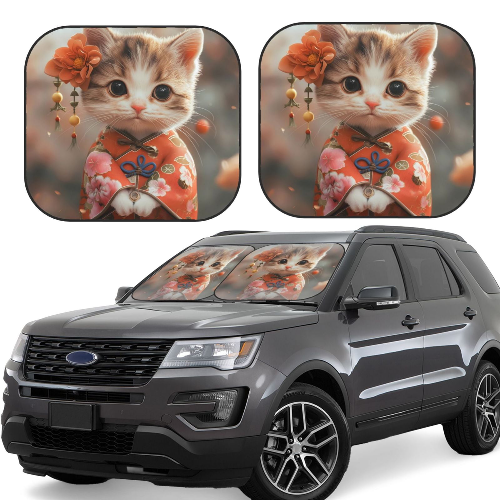 Windshield Sun Shade Adorable Kitten In Kimono 2 Pieces Car Front Sun ...