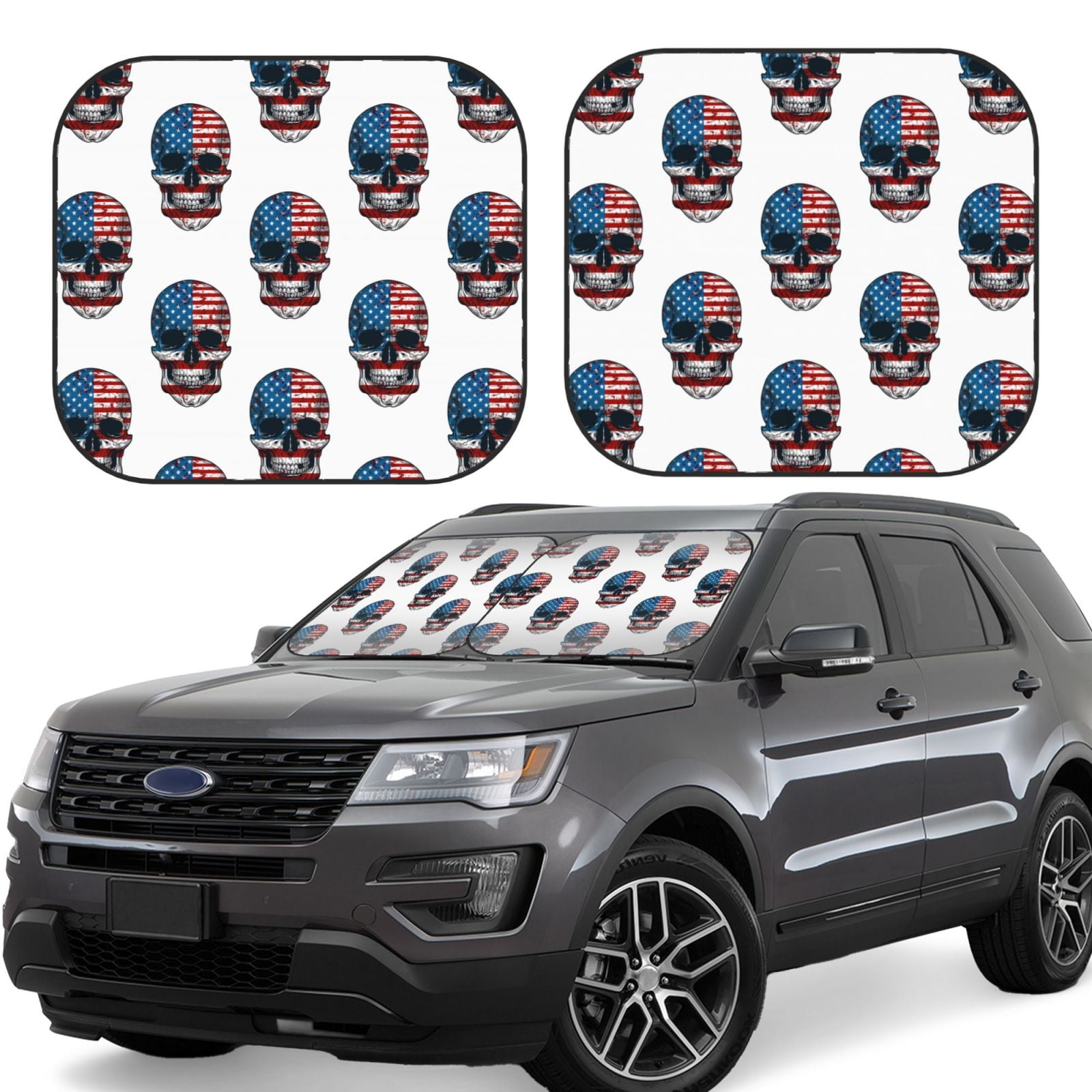 Windshield Sun Shade American Flag Skull 2 Pieces Car Front Sun Shade ...