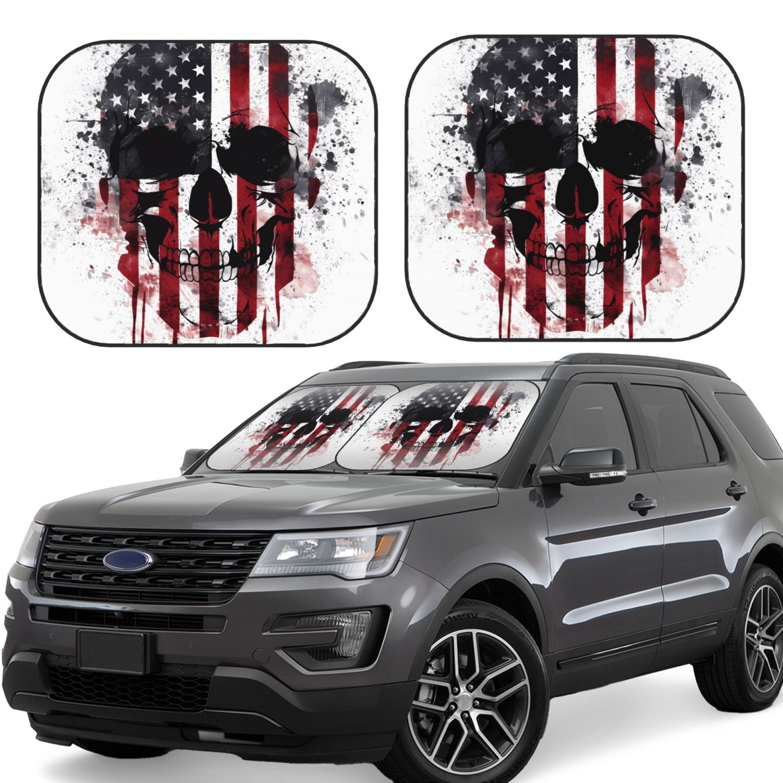 Windshield Sun Shade American Flag Skull Art 2 Pieces Car Front Sun ...