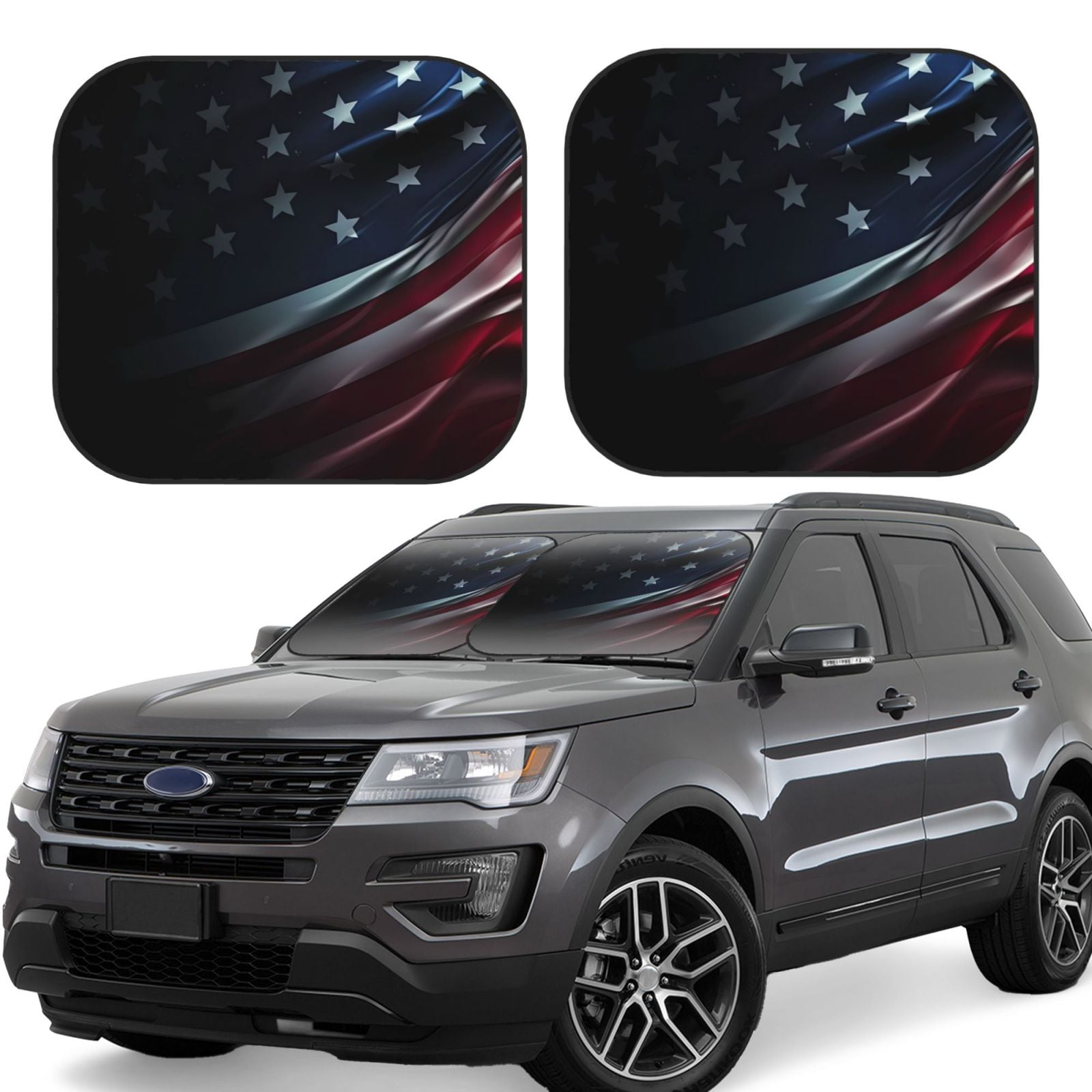 Windshield Sun Shade American Flag Waving Print 2 Pieces Car Front Sun ...