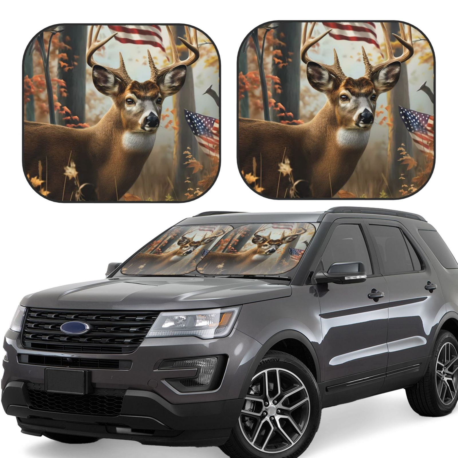 Windshield Sun Shade American Wildlife Deer Forest 2 Pieces Car Front ...