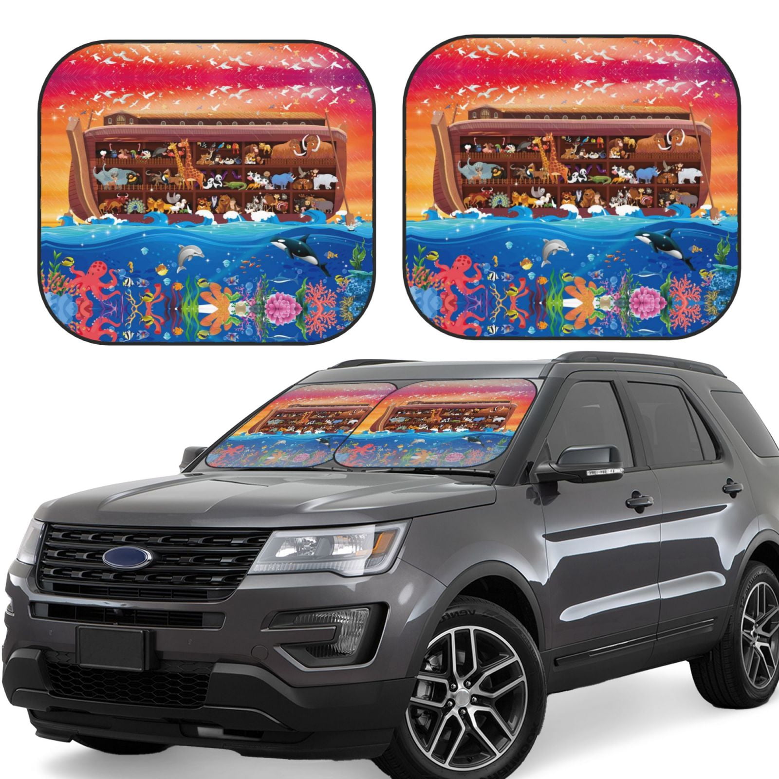 Windshield Sun Shade, Animals On Noah's Ark2 2-Piece Foldablecar ...