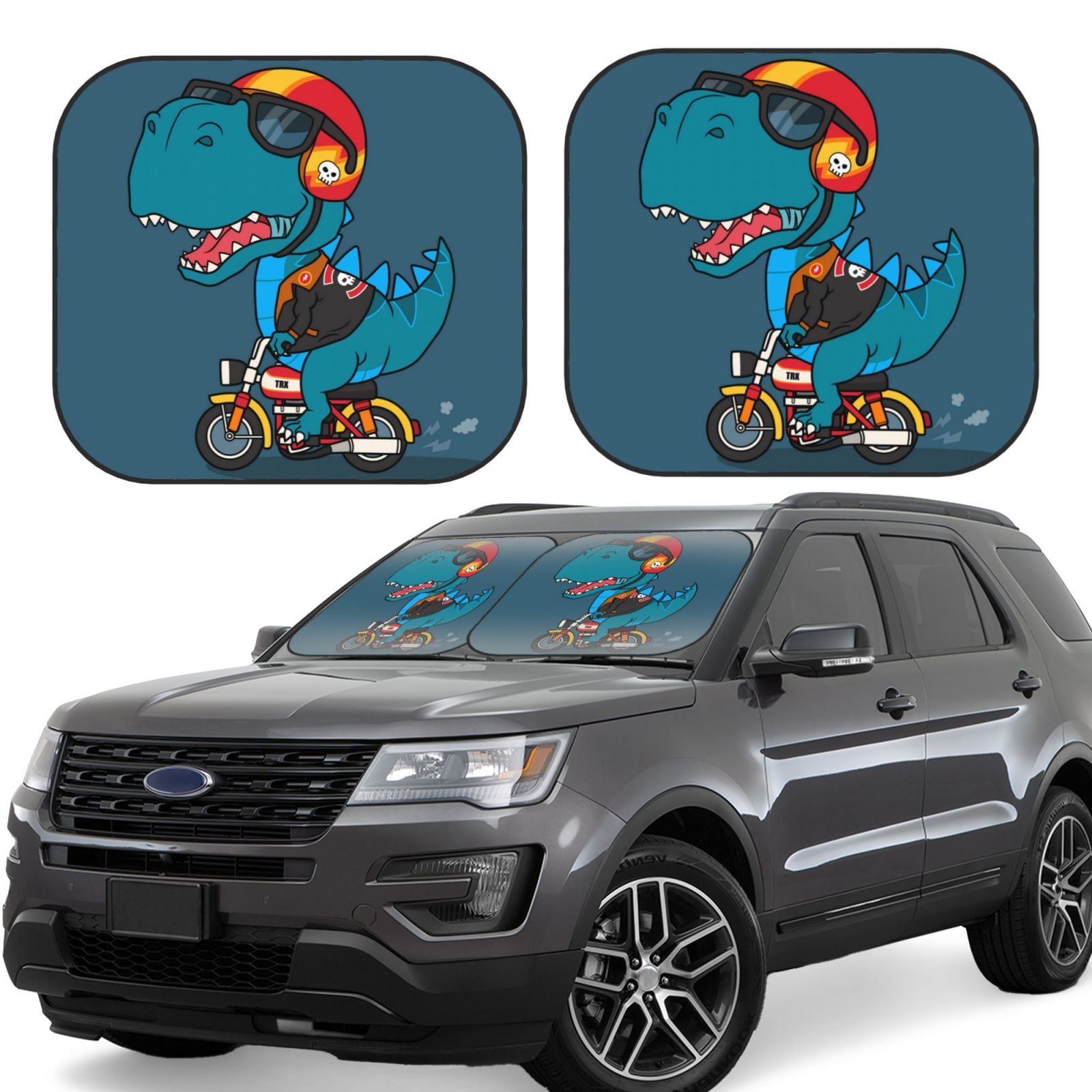 Windshield Sun Shade Biker Dinosaur Adventure 2 Pieces Car Front Sun ...