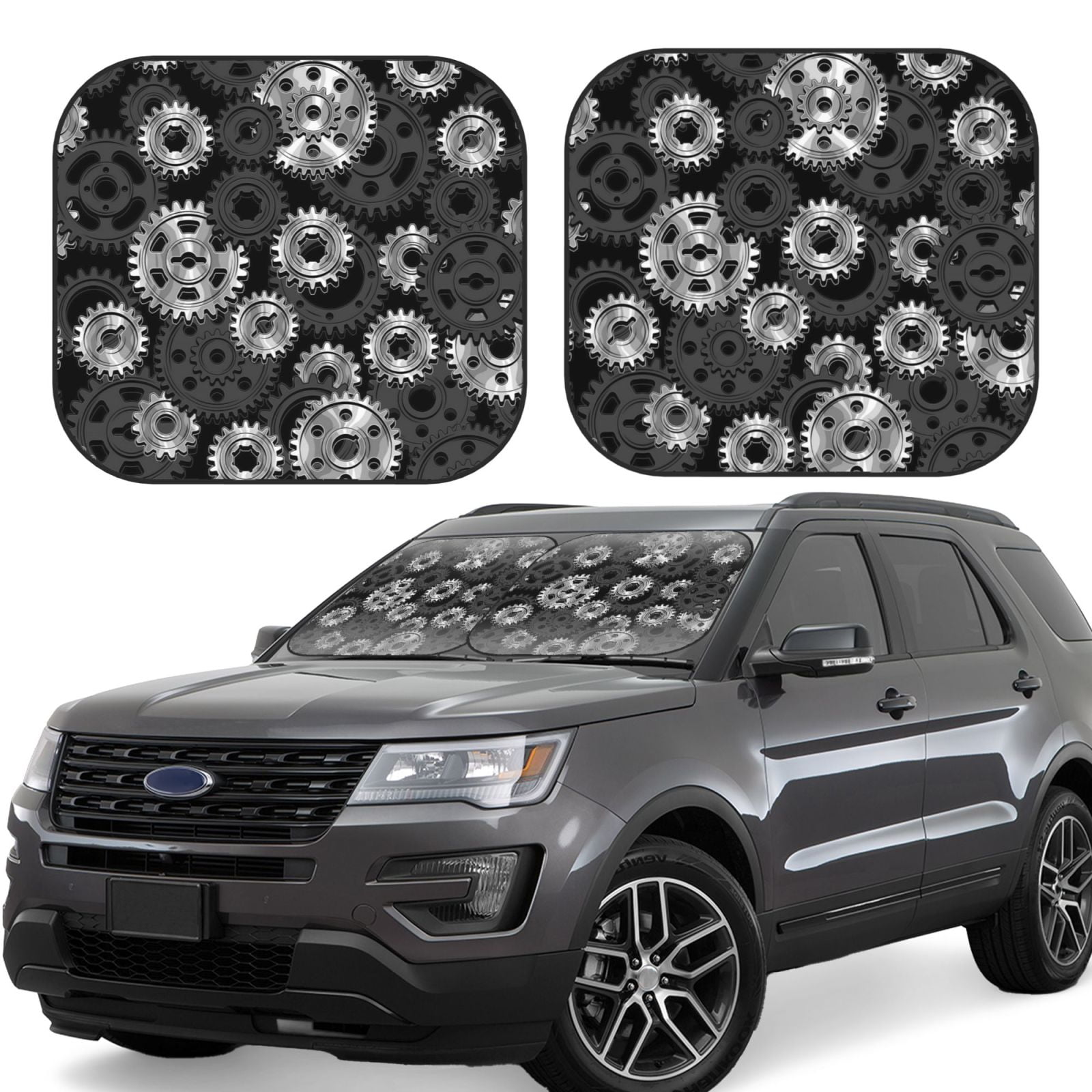 Windshield Sun Shade Black Metallic Gear Pattern 2 Pieces Car Front Sun ...