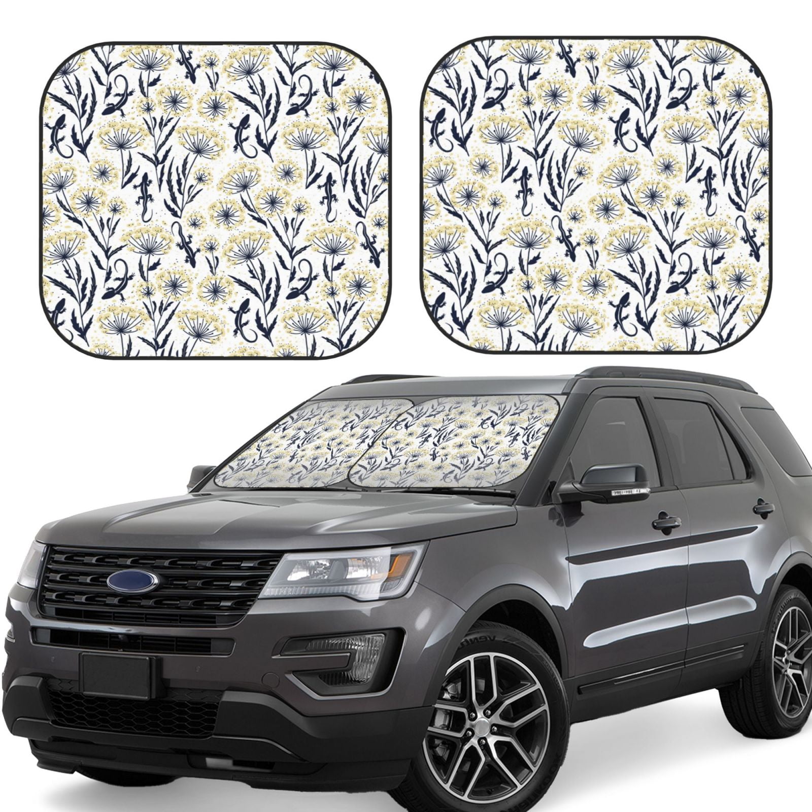 Windshield Sun Shade, Black White Gecko Lizard Flower Foldable Car Sun ...