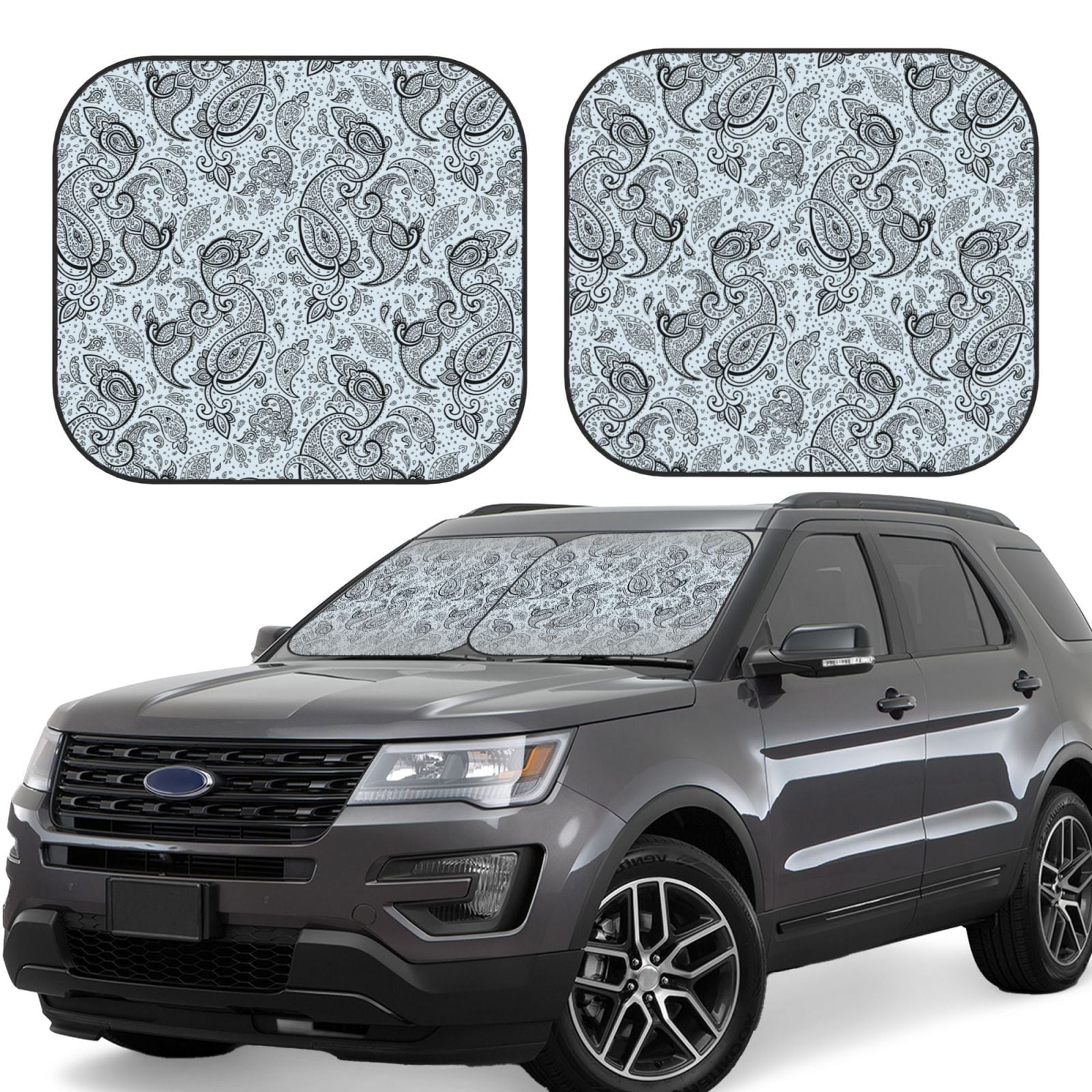 Windshield Sun Shade, Black White Paisley 2-Piece Foldablecar Sunshade ...