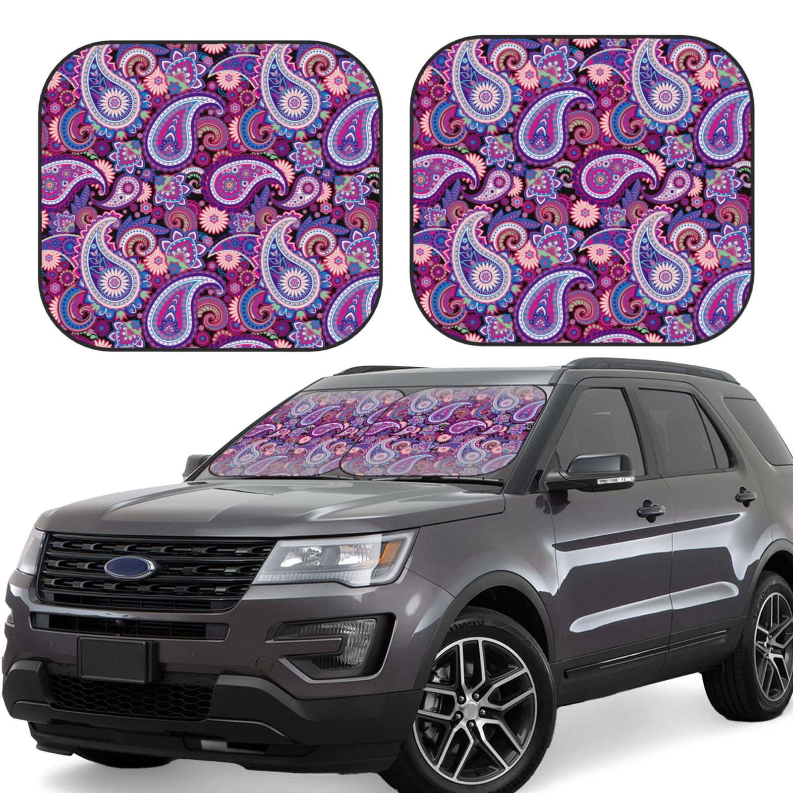 Windshield Sun Shade, Blue Purple Paisley 2-Piece Foldablecar Sunshade ...