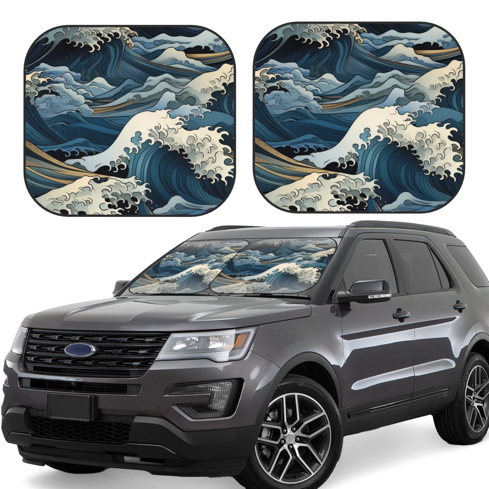 Windshield Sun Shade Blue Sea Waves Art 2 Pieces Car Front Sun Shade ...