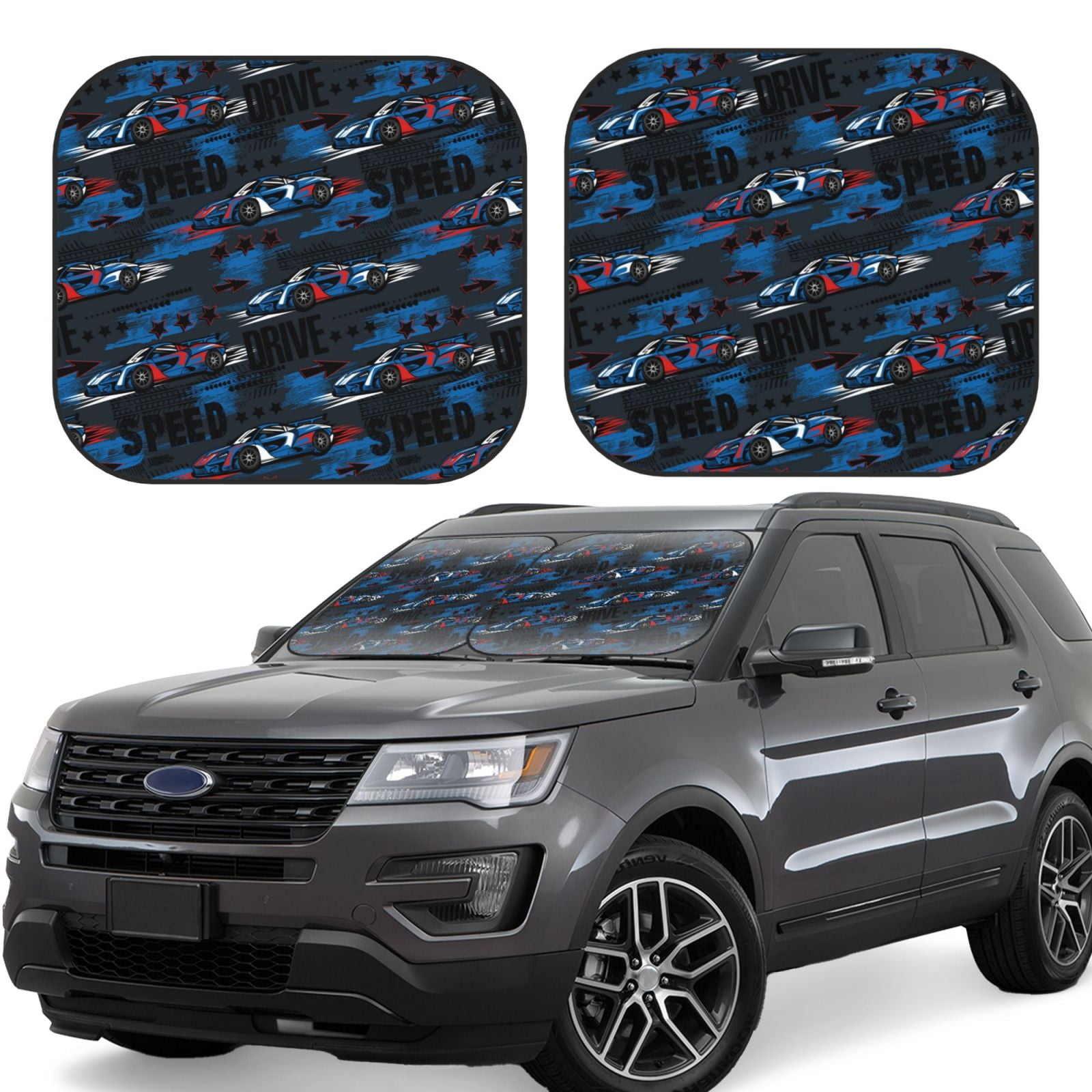Windshield Sun Shade, Blue Sports Car 2-Piece Foldablecar Sunshade ...
