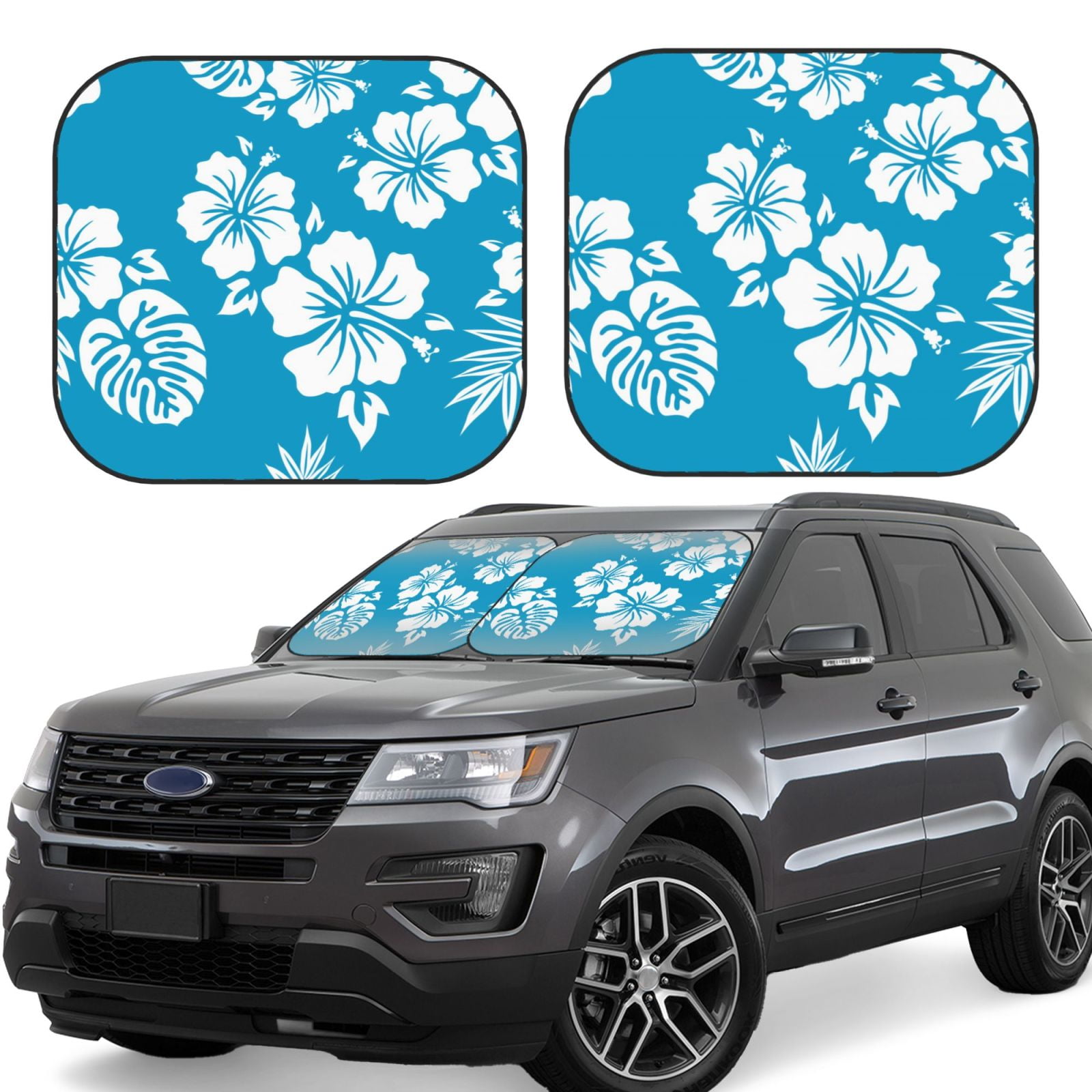 Windshield Sun Shade, Blue Tropical Hibiscus Flowers 2-Piece ...