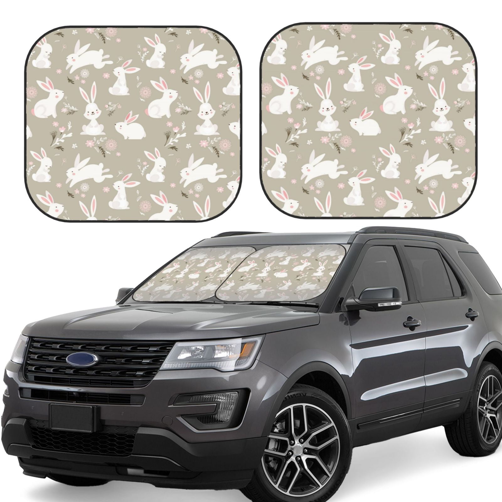 Windshield Sun Shade, Bohemian Flower Cute Rabbit 2-Piece Foldablecar ...
