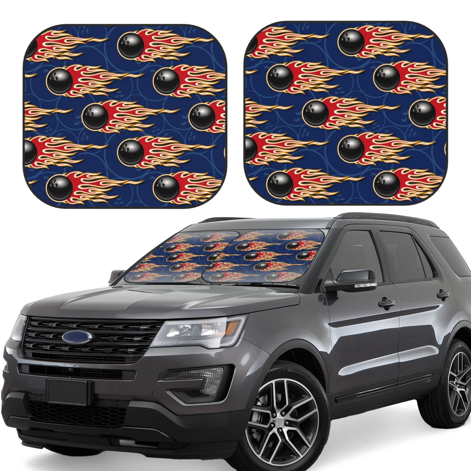 Windshield Sun Shade Bowling Ball And Flame 2 Pieces Car Front Sun ...