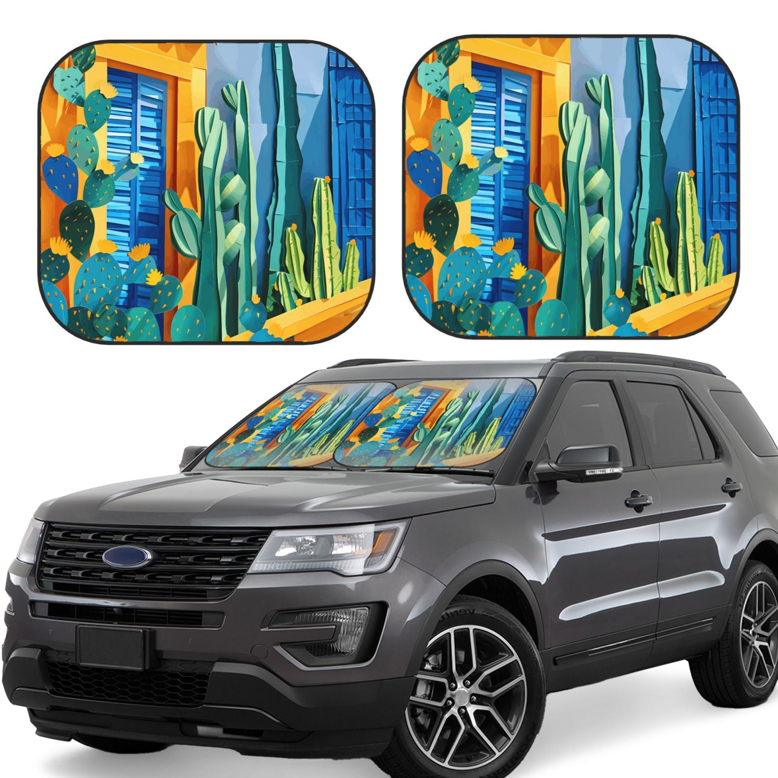 Windshield Sun Shade Bright Paper Cactus Scene 2 Pieces Car Front Sun ...
