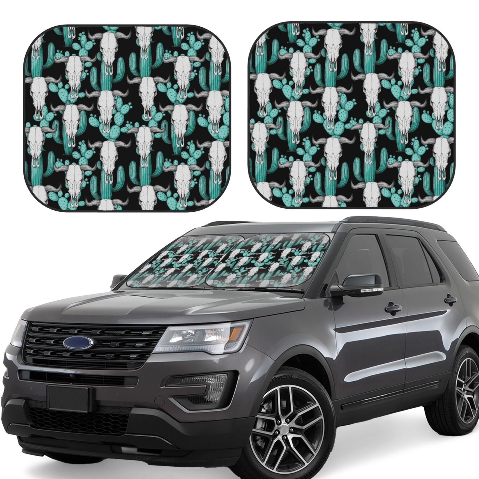 Windshield Sun Shade Buffalo Skull cactus western 2 Pieces Car Front ...