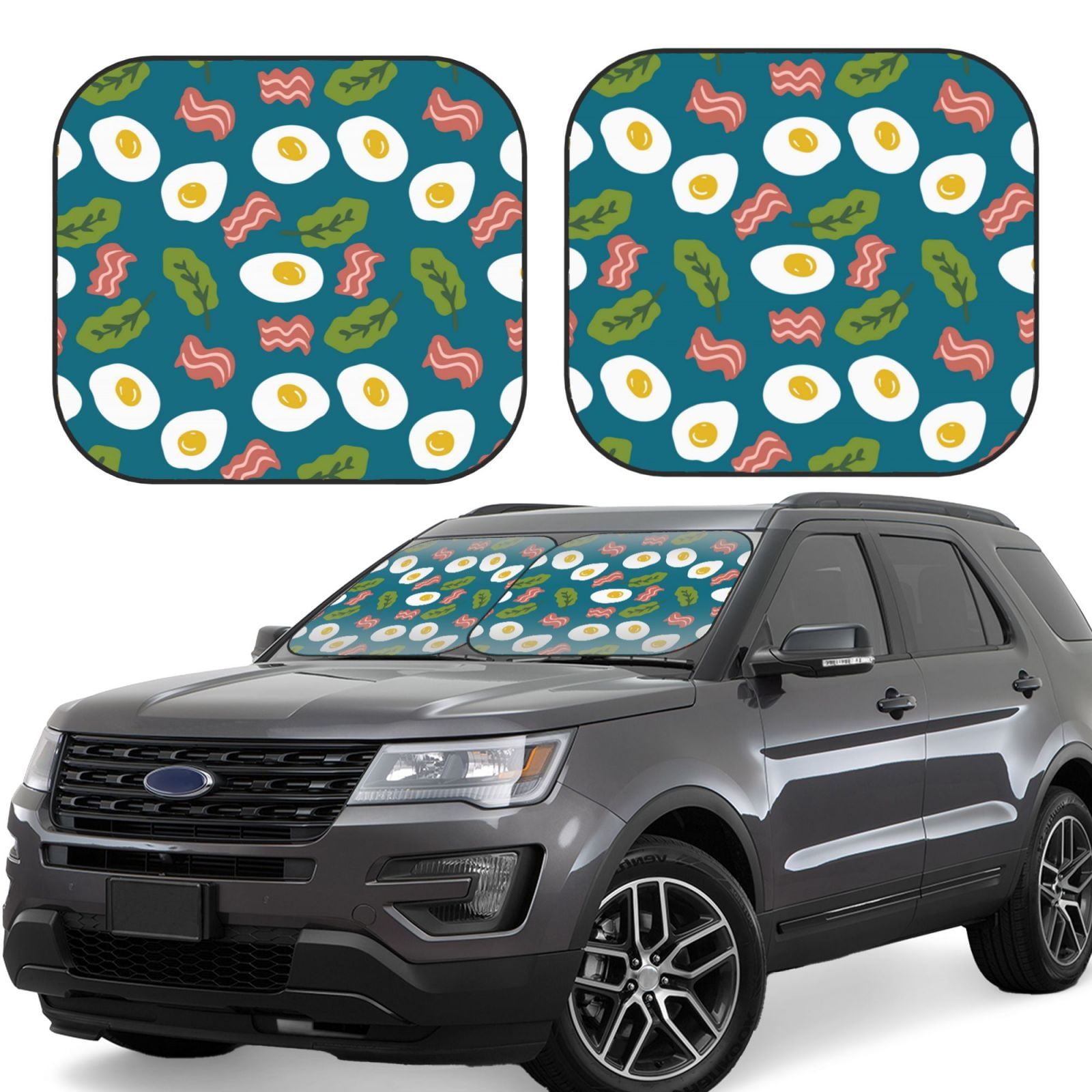 Windshield Sun Shade, Cartoon Bacon Omelette Print 2-Piece Foldablecar ...
