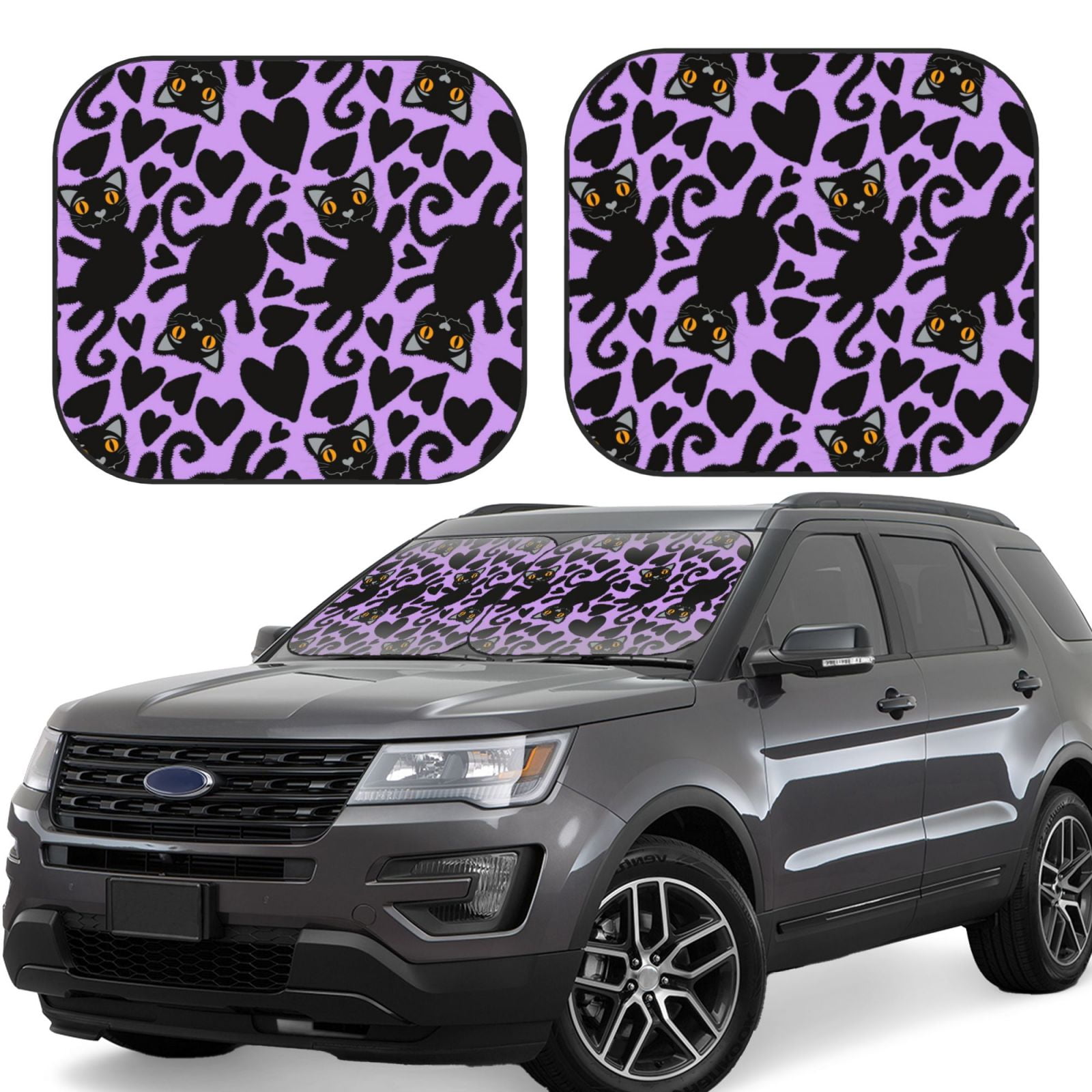 Windshield Sun Shade Cartoon Black Cats 2 Pieces Car Front Sun Shade ...