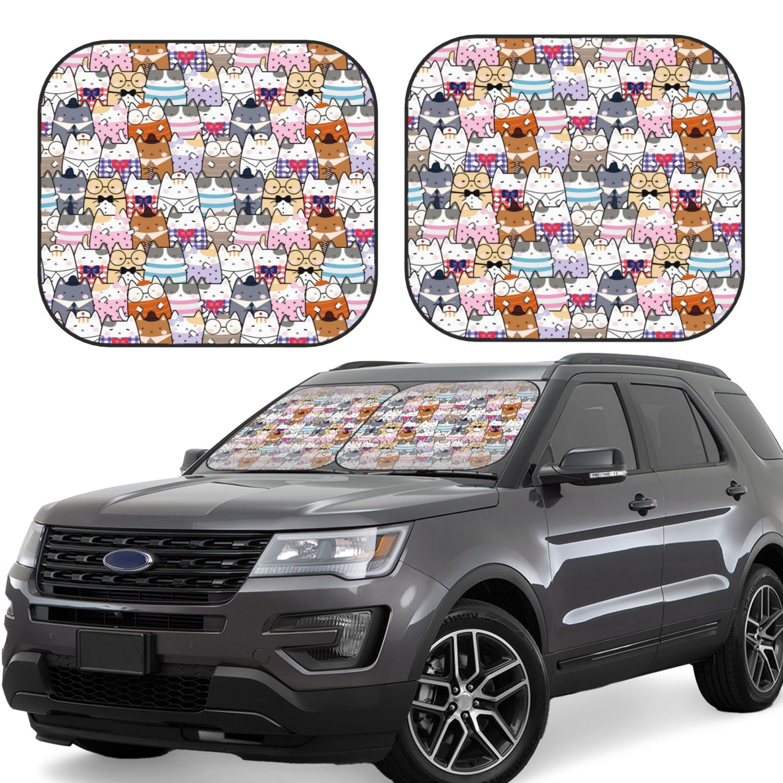 Windshield Sun Shade, Cartoon Cute Cat With Glasses 2-Piece Foldablecar ...