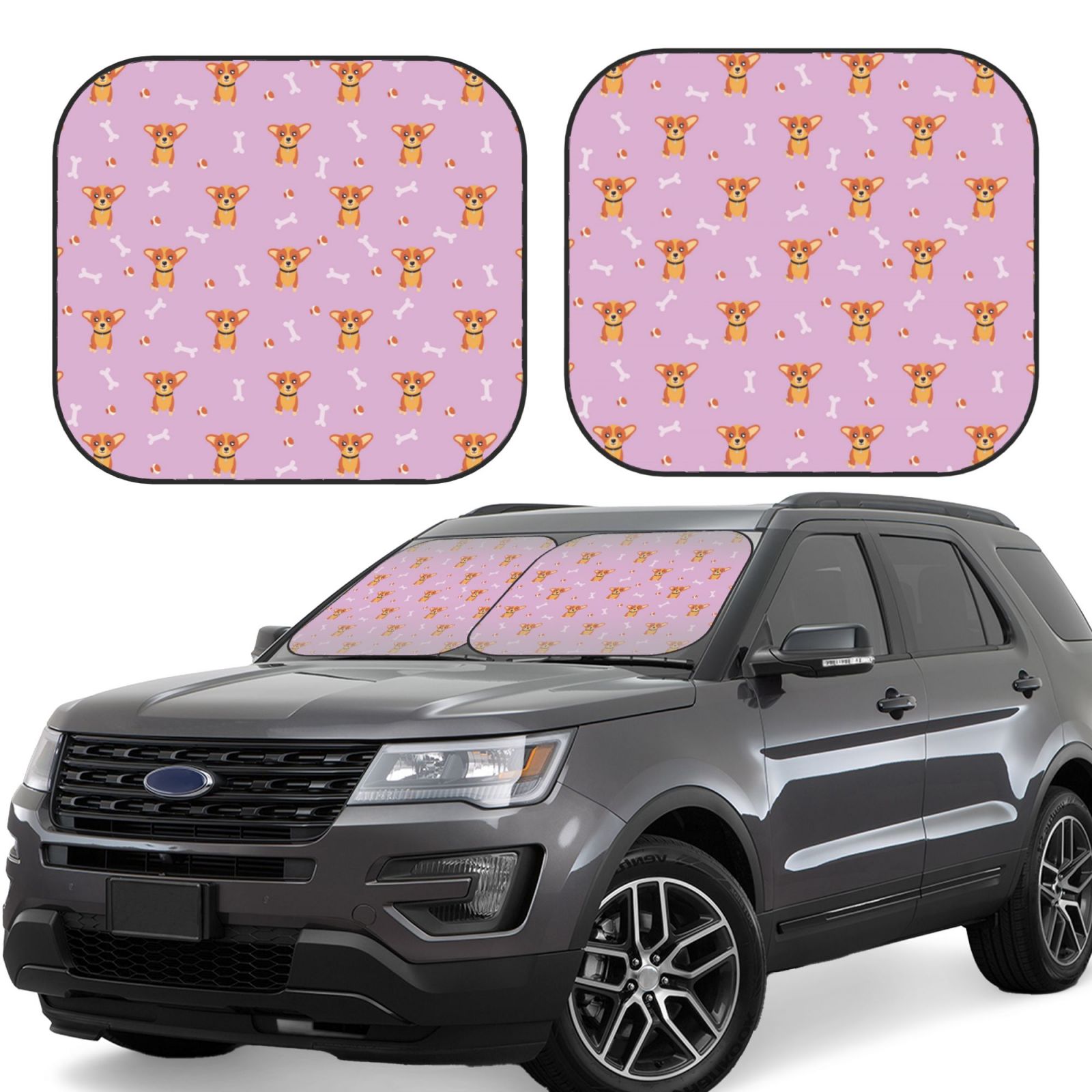 Windshield Sun Shade, Cartoon Cute Corgi Funny Purple 2-Piece ...